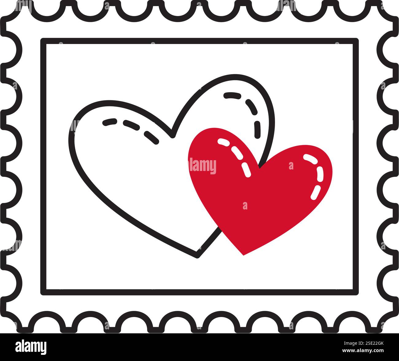 Postage stamp with Two hearts doodle style. Hand drawn trendy flat ...