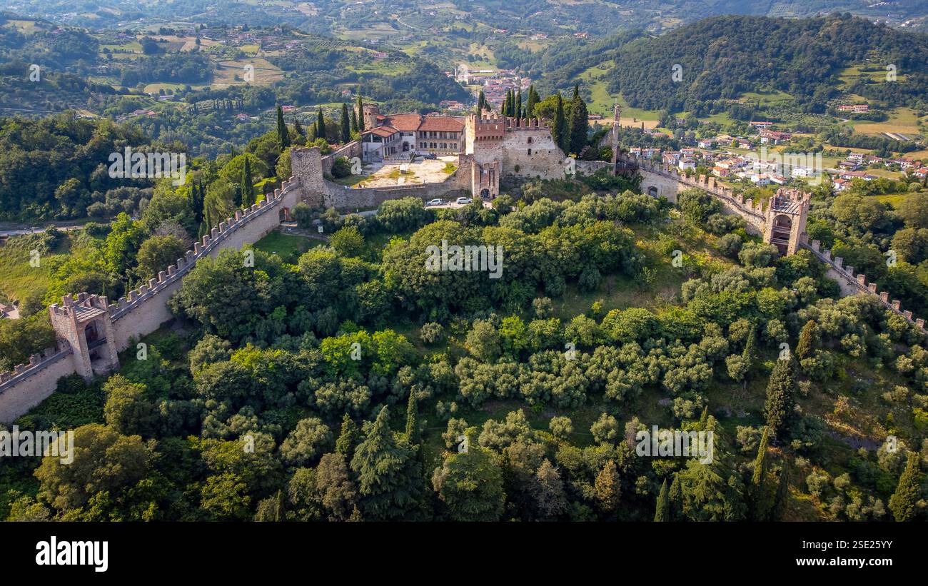 Marostica Upper Castle, aerial view of the medieval village on top of ...