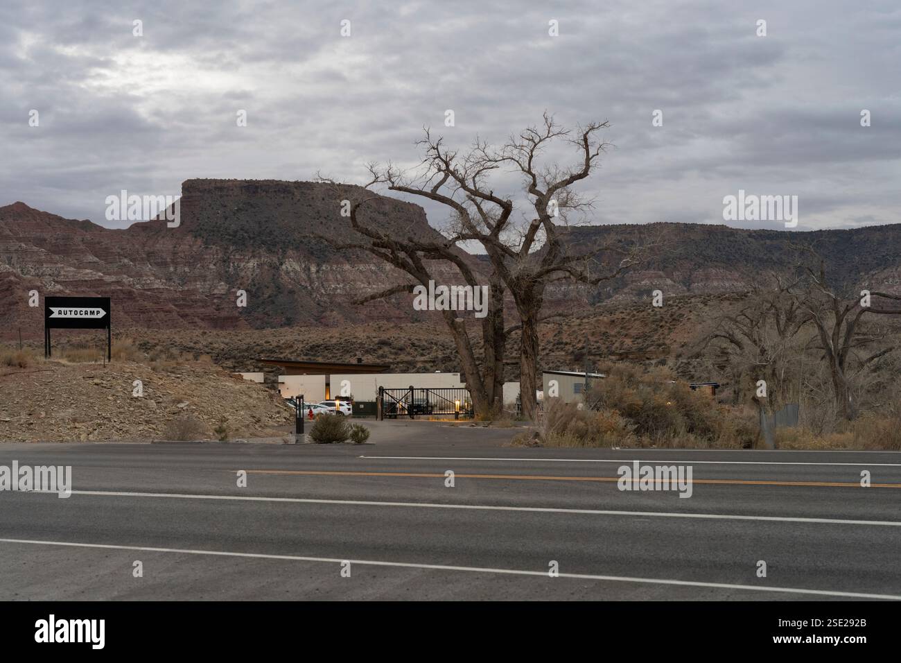 Autocamp sign near a modern building, likely in the Capitol Reef ...