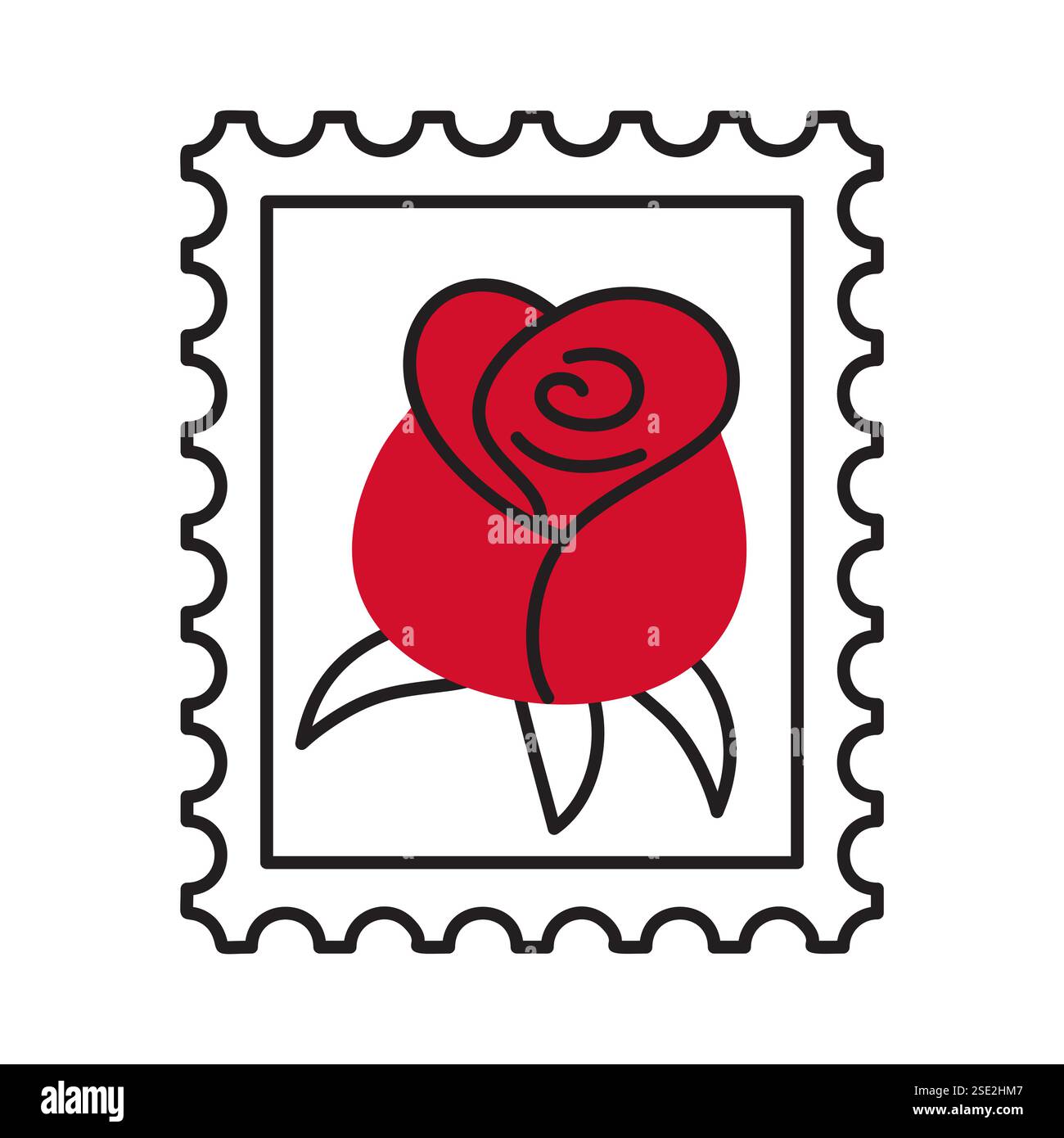 Postage stamp with Red rose doodle style. Hand drawn trendy flat style ...