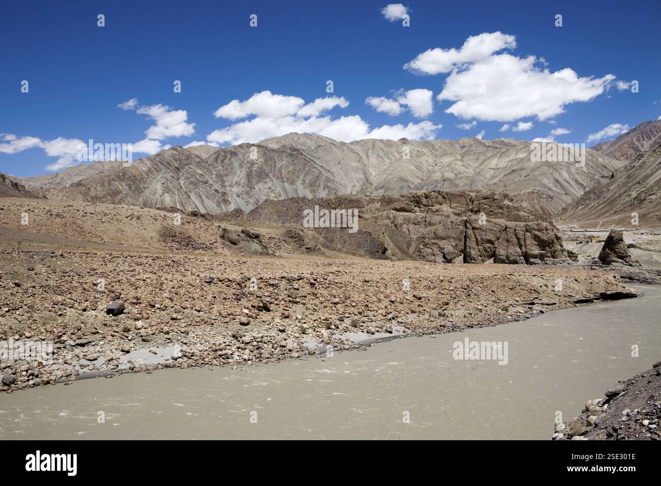 Muddy water of river Indus flowing in barren cold desert landscape of ...