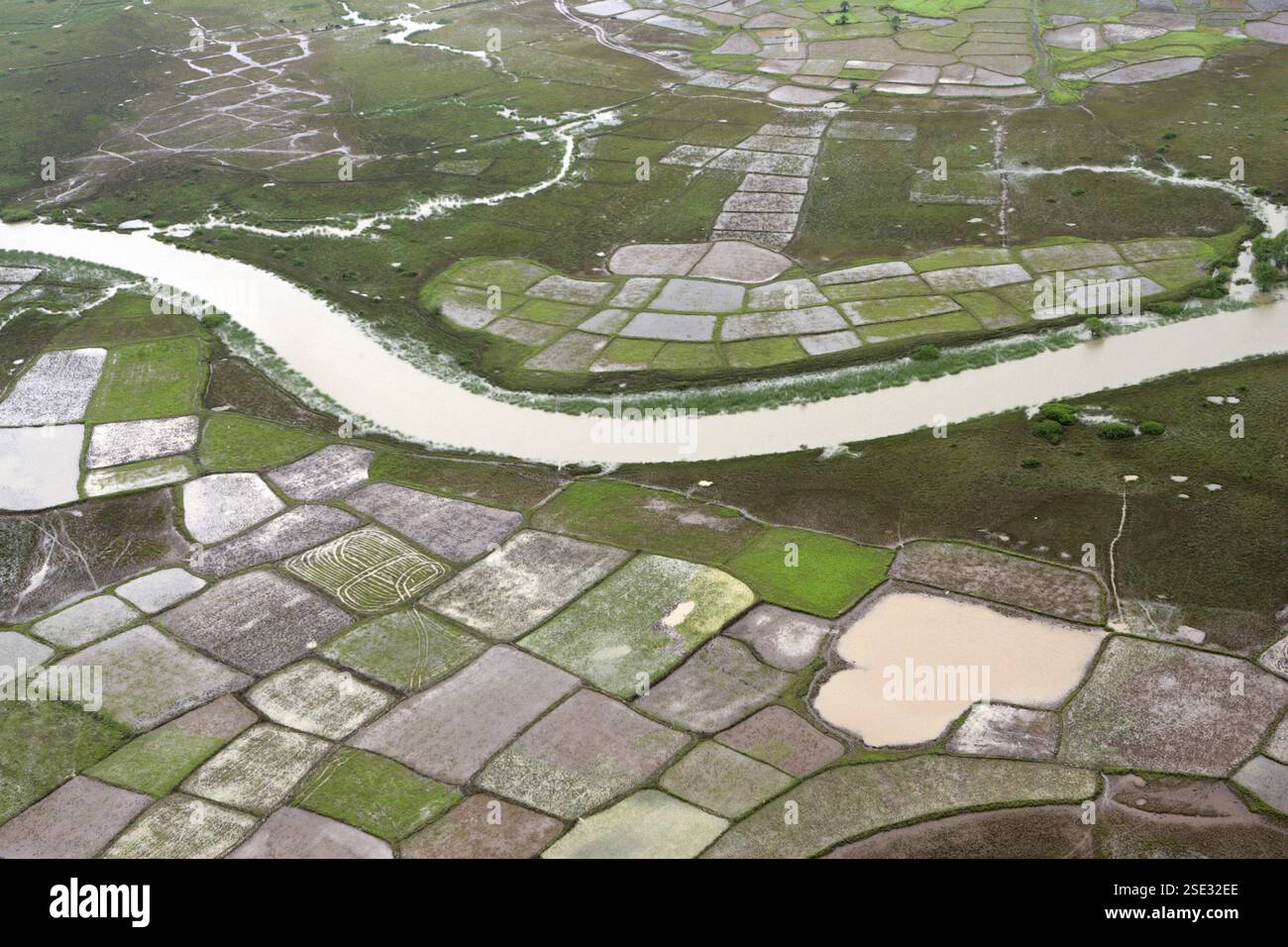 An aerial view of farming land immersed in water flood rocked in Raigad ...