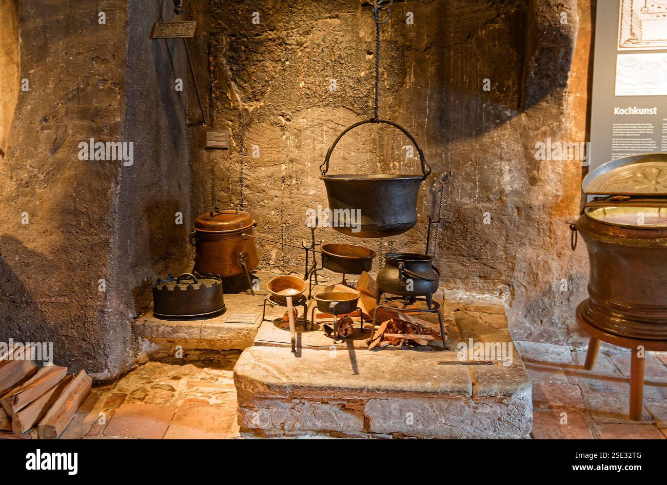 kitchen, old, wood burning, pots, stone hearth, Spiez Castle, 933 ...