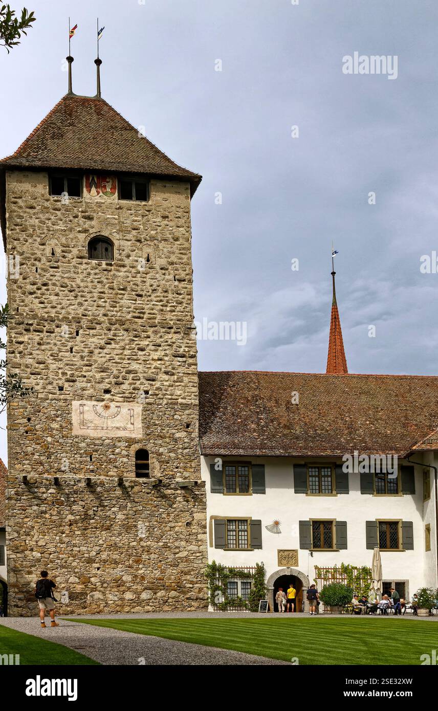 Spiez Castle, exterior, stone tower, sundial, 933, expanded 15-18 ...