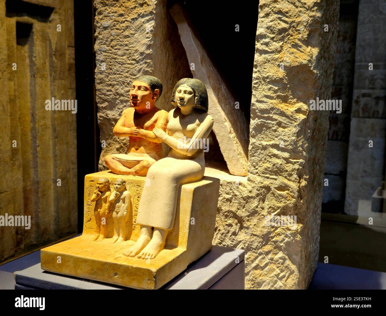 Cairo, Egypt, February 1 2025: Dwarf Seneb with his wife (2400-2500 BC) inside the Egyptian or ...