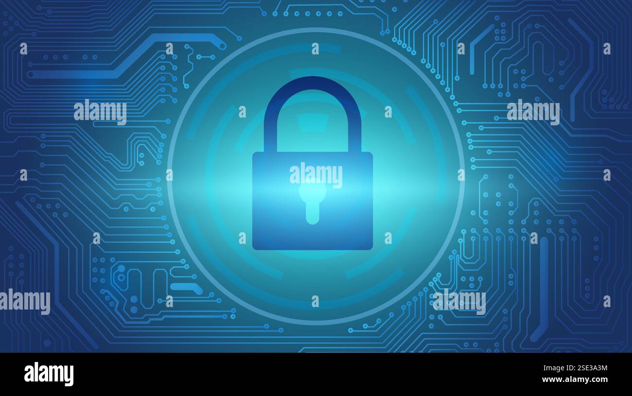Lock symbol inside a glowing circle on a blue circuit board background ...