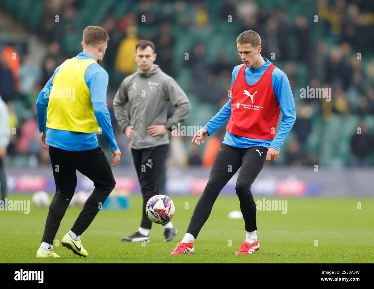 Derby County's Harrison Armstrong (right) during the warm up before the ...