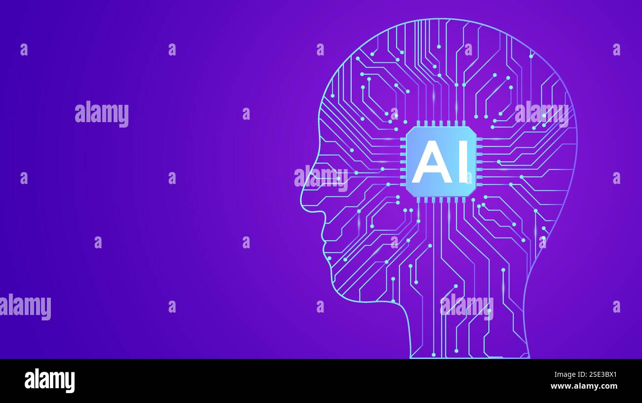 AI chip in the outline of a human brain circuit board on a purple ...