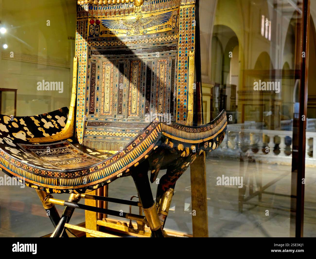 Cairo, Egypt, February 1 2025: King Tutankhamun chair throne inside the ...