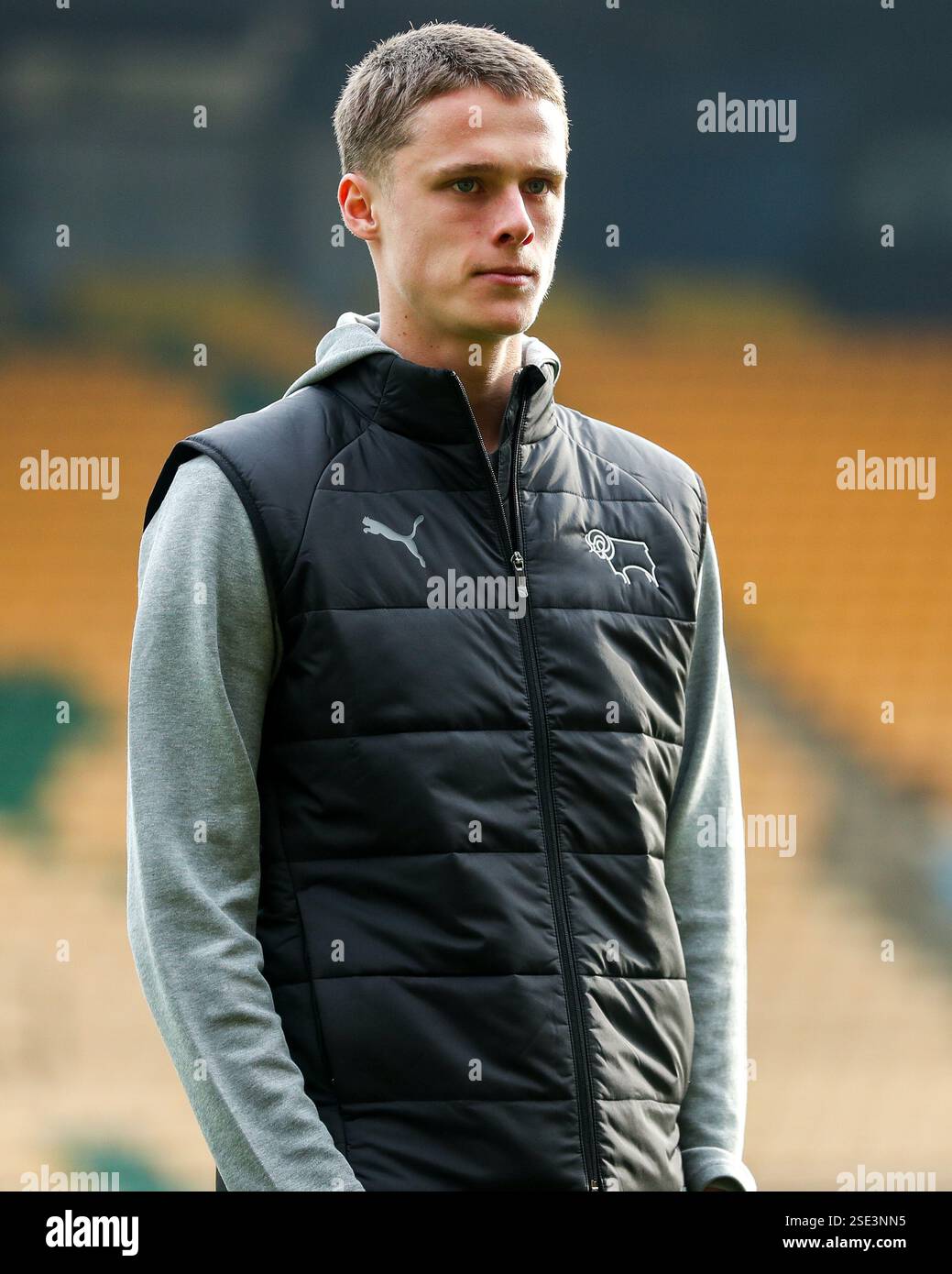 Norwich, UK. 08th Feb, 2025. Liam Thompson of Derby County arrives at ...