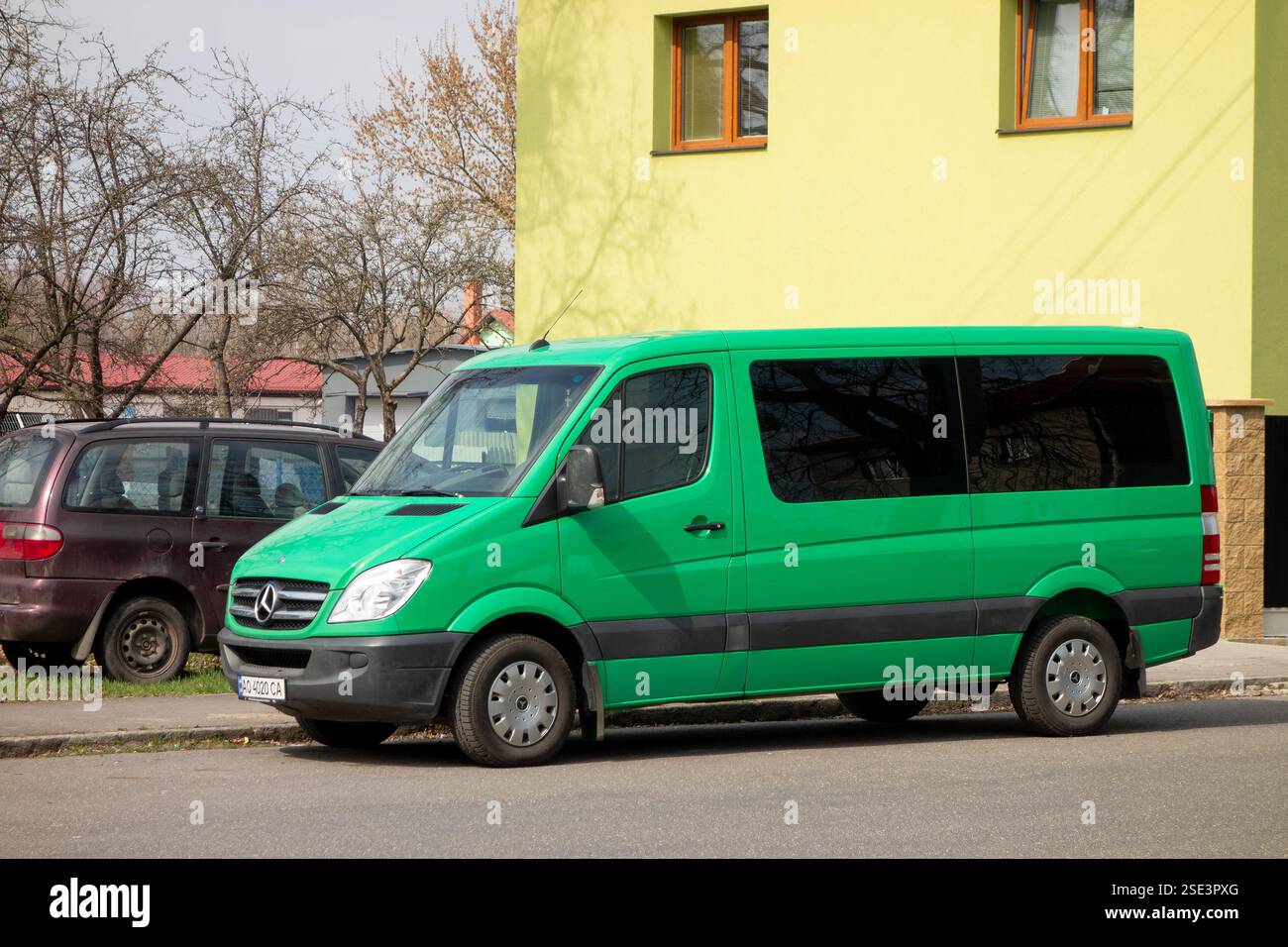 OSTRAVA, CZECHIA - APRIL 2, 2019: Green Mercedes-Benz Sprinter shuttle ...