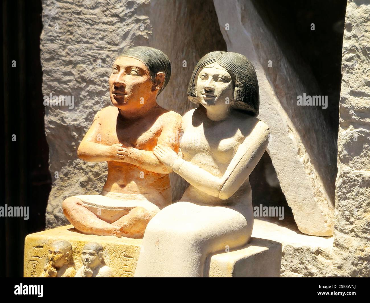 Cairo, Egypt, February 1 2025: Dwarf Seneb with his wife (2400-2500 BC) inside the Egyptian or ...