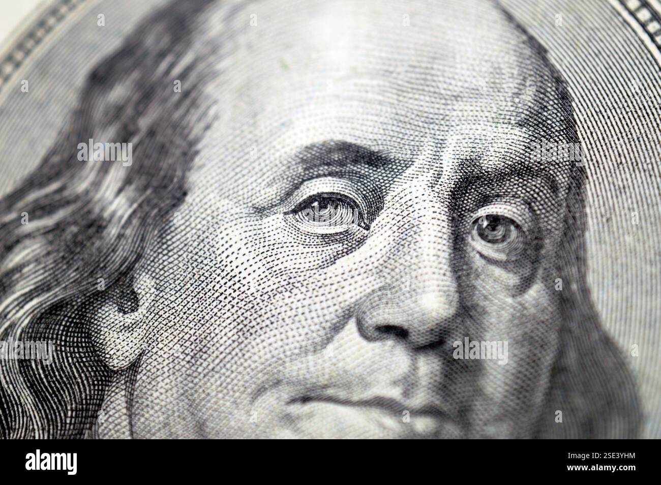 A close up of the obverse side of 100 USD one hundred American dollars ...