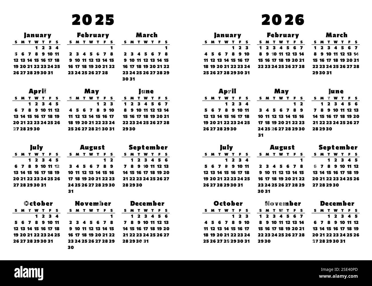 2025, 2026 year english vector annual calendars with 12 months Stock Vector Image & Art - Alamy