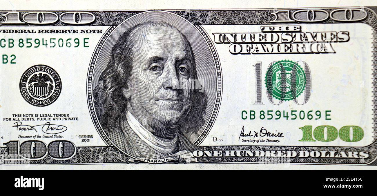 Large fragment of the obverse side of 100 one hundred dollar banknote ...