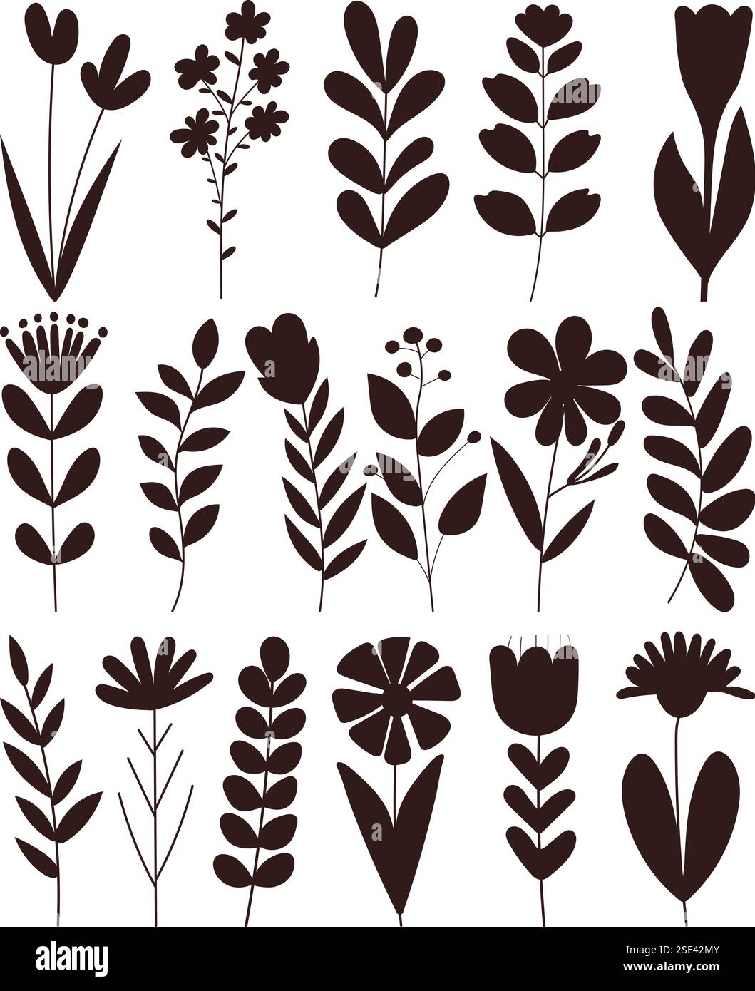 set of plants, flowers silhouette on white background, vector Stock ...