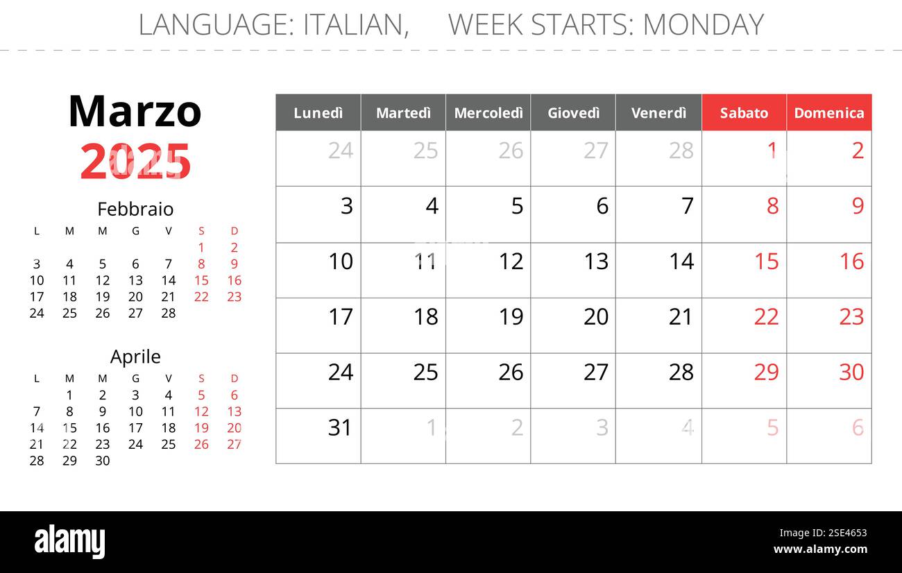 Calendar for month march 2025. Italian marzo. Vector illustrations. For ...