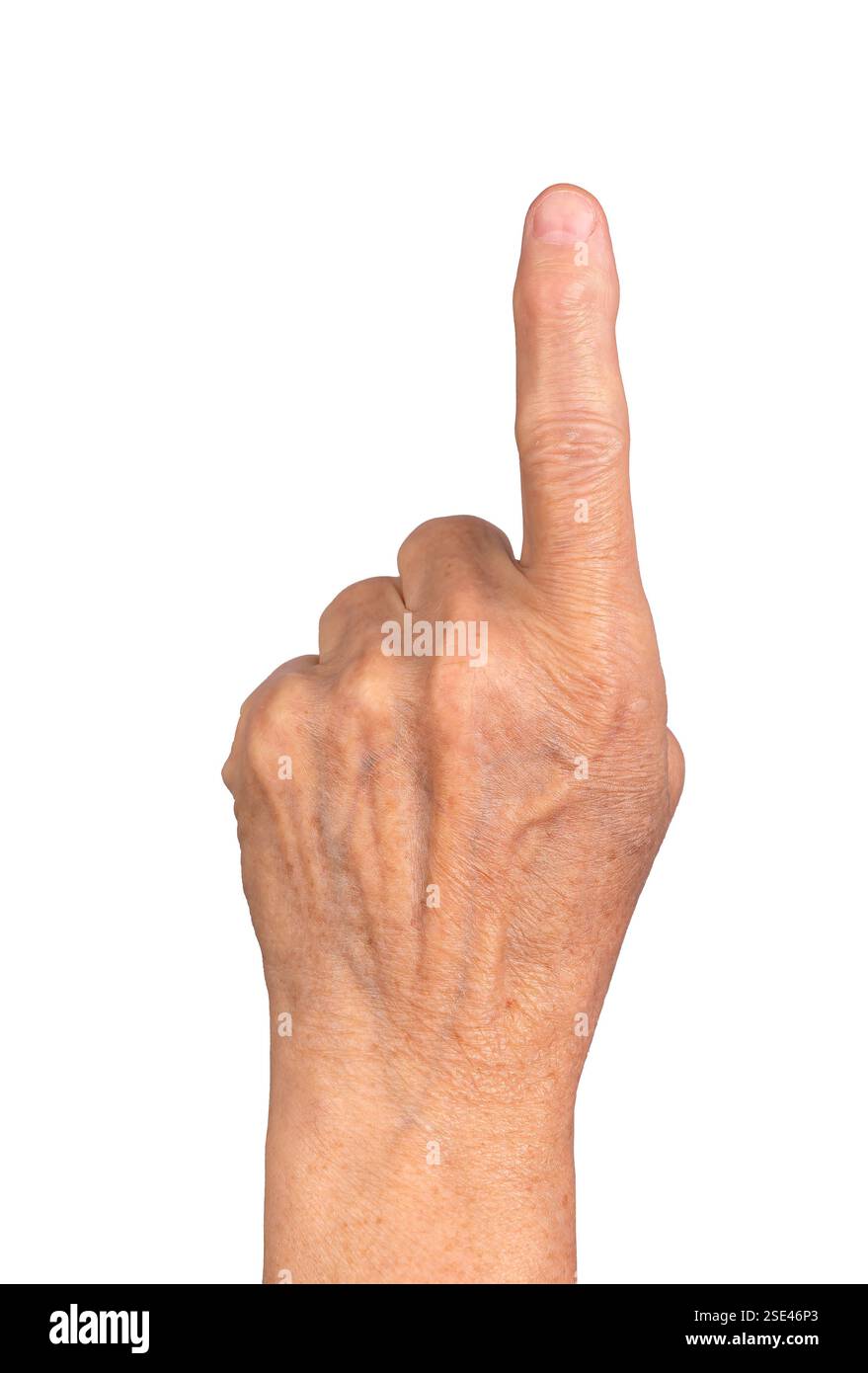 wrinkled hand pointing upward, index finger extended, gesture ...