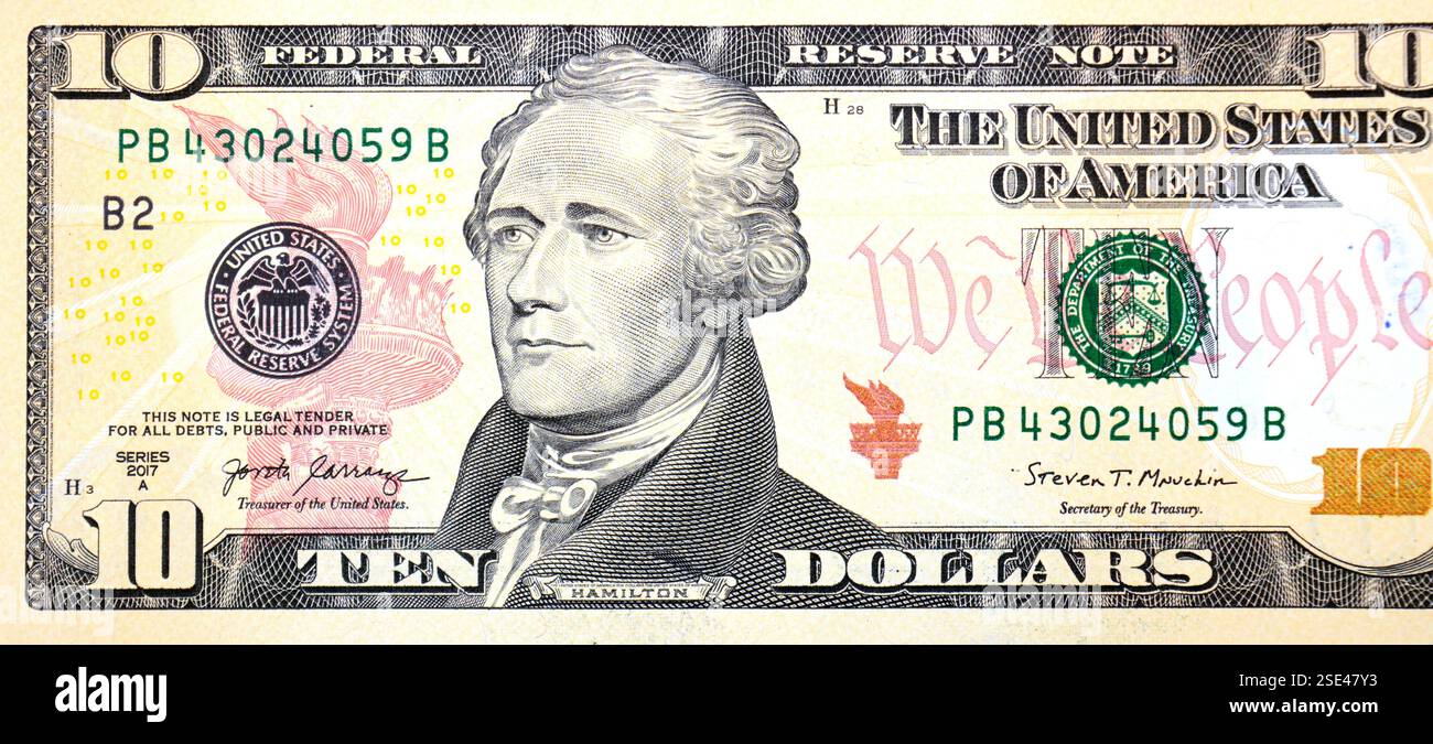 Large fragment of the Obverse side of 10 ten dollars bill banknote ...