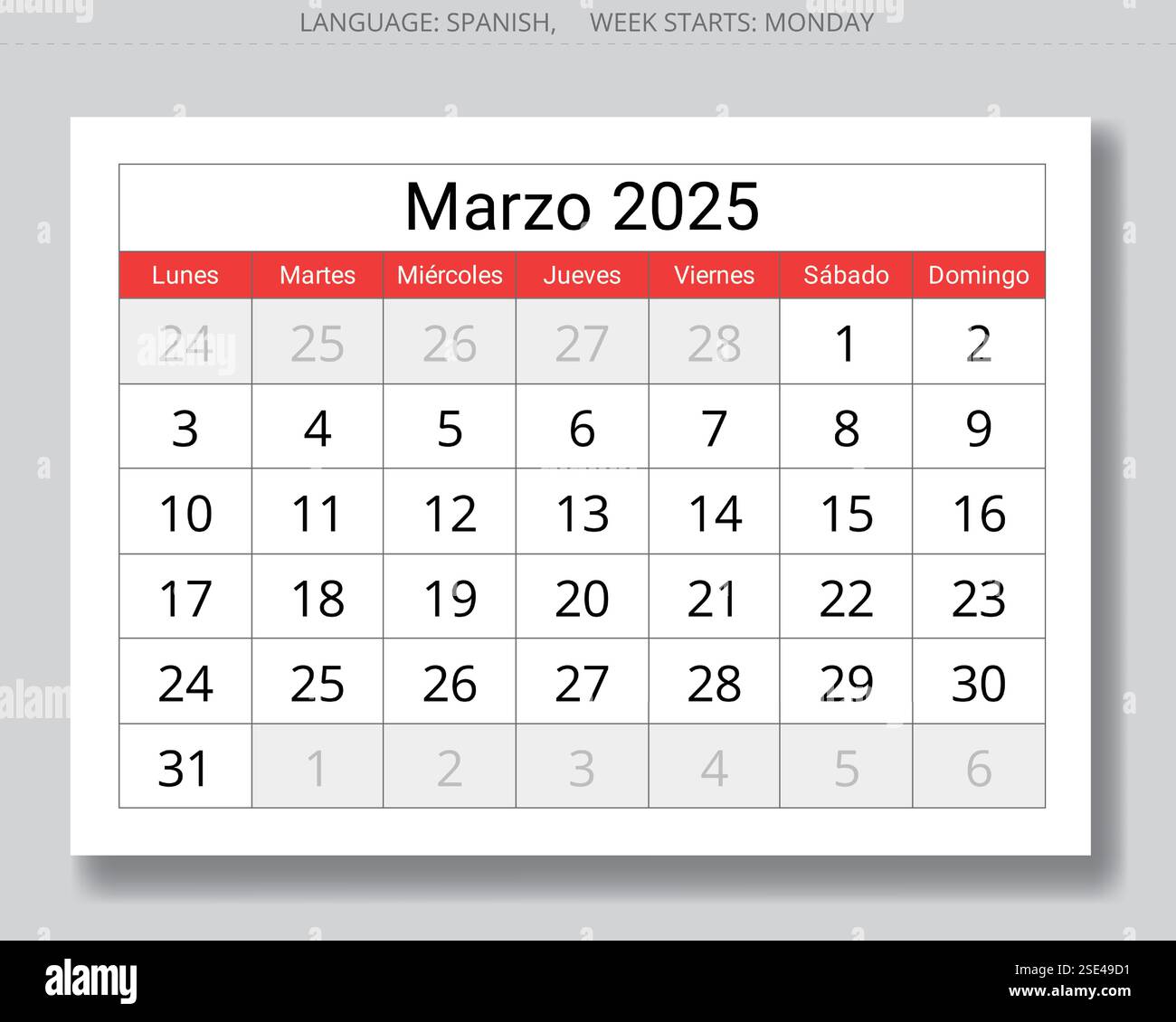 2025 Spanish march monthly calendar - marzo. Vector page illustrations for spring month for ...