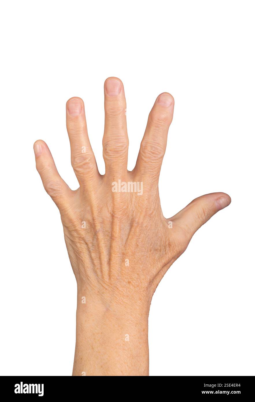 Elderly hand with five fingers extended, palm open, gesture symbolizing ...