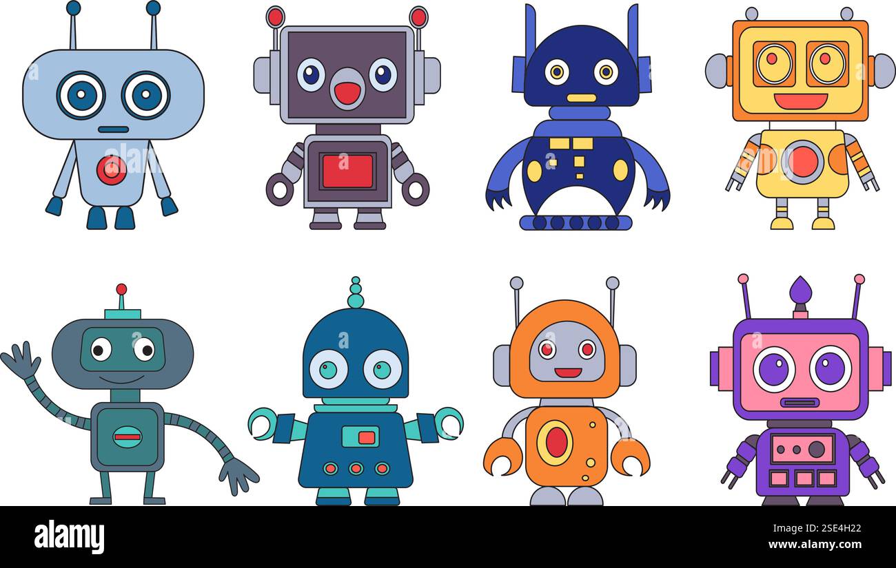 set of robots, androids in doodle style, vector Stock Vector Image ...
