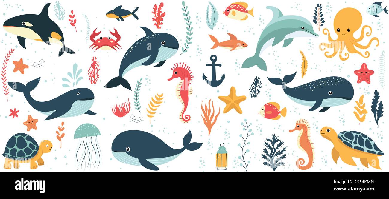 marine life set, whale, fish, dolphin isolated, vector Stock Vector ...