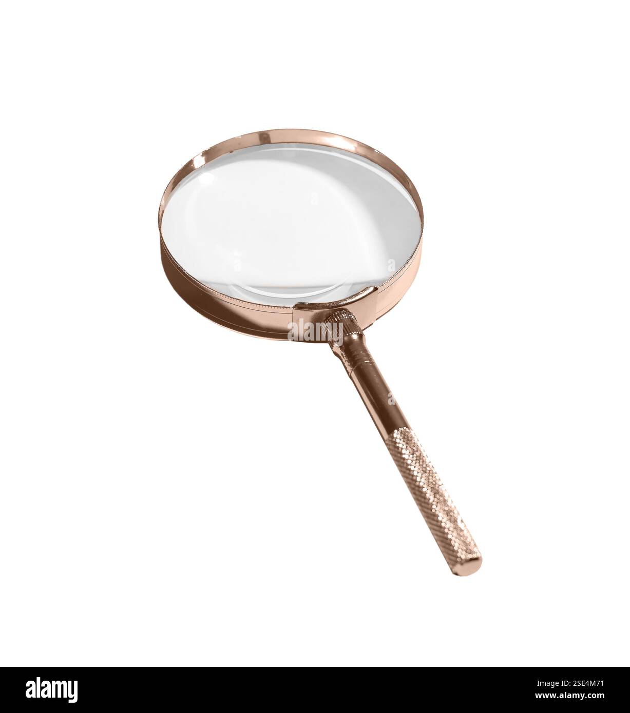 Magnifying glass with metal frame and lens tilted at an angle, used for ...