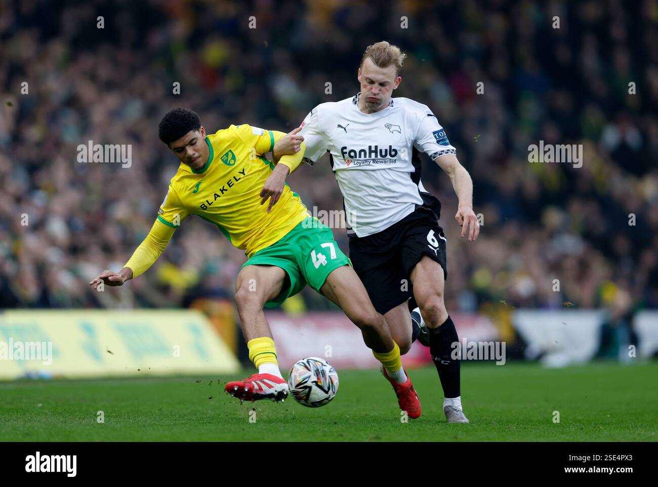 Norwich City's Lucien Mahovo (left) and Derby County's Sondre Langas ...