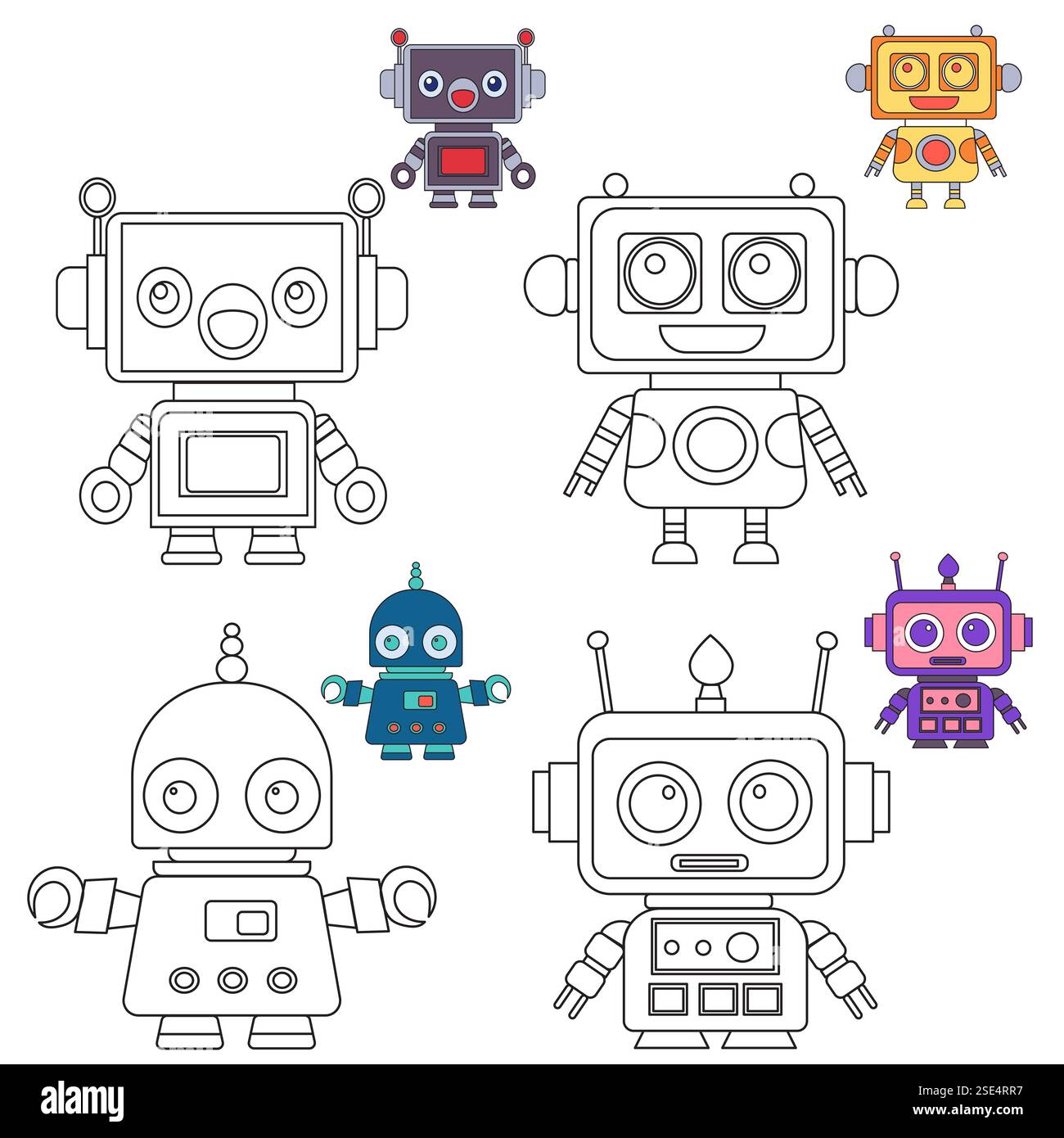 robot set, android childrens coloring book, isolated, vector Stock ...