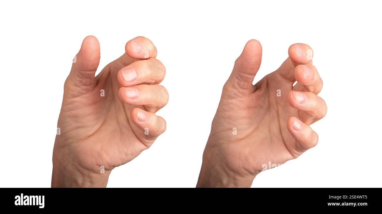 Senior hand grasping invisible object. Wrinkled fingers in holding ...