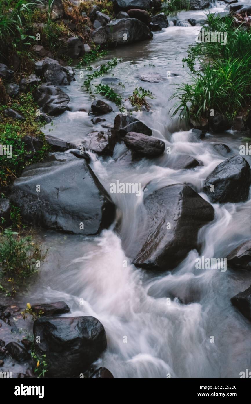 Fast flowing stream of water moves through dark wet rocks in tropical ...