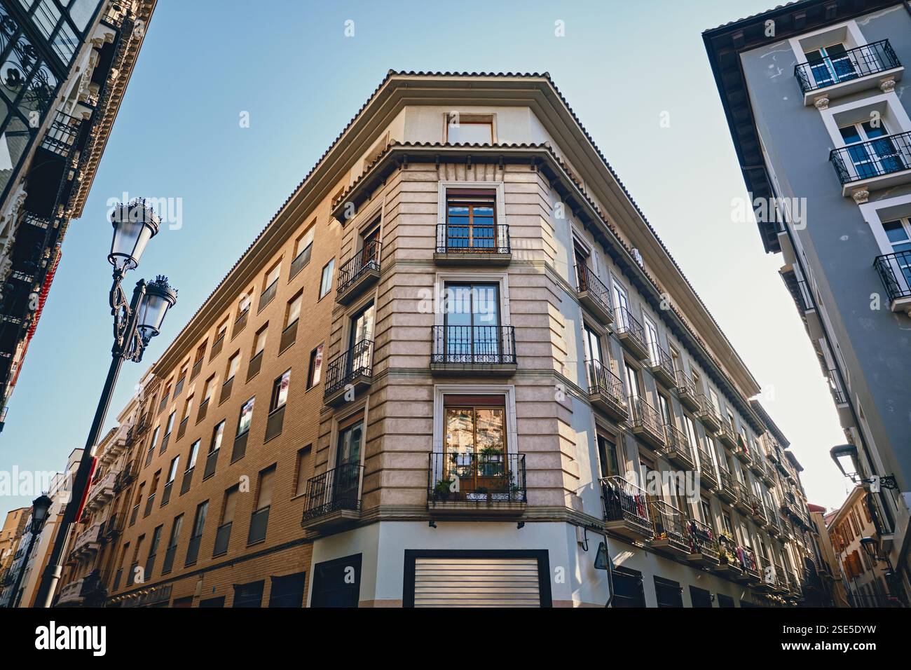 Facade of ancient building located in heart of Zaragoza, features an ...