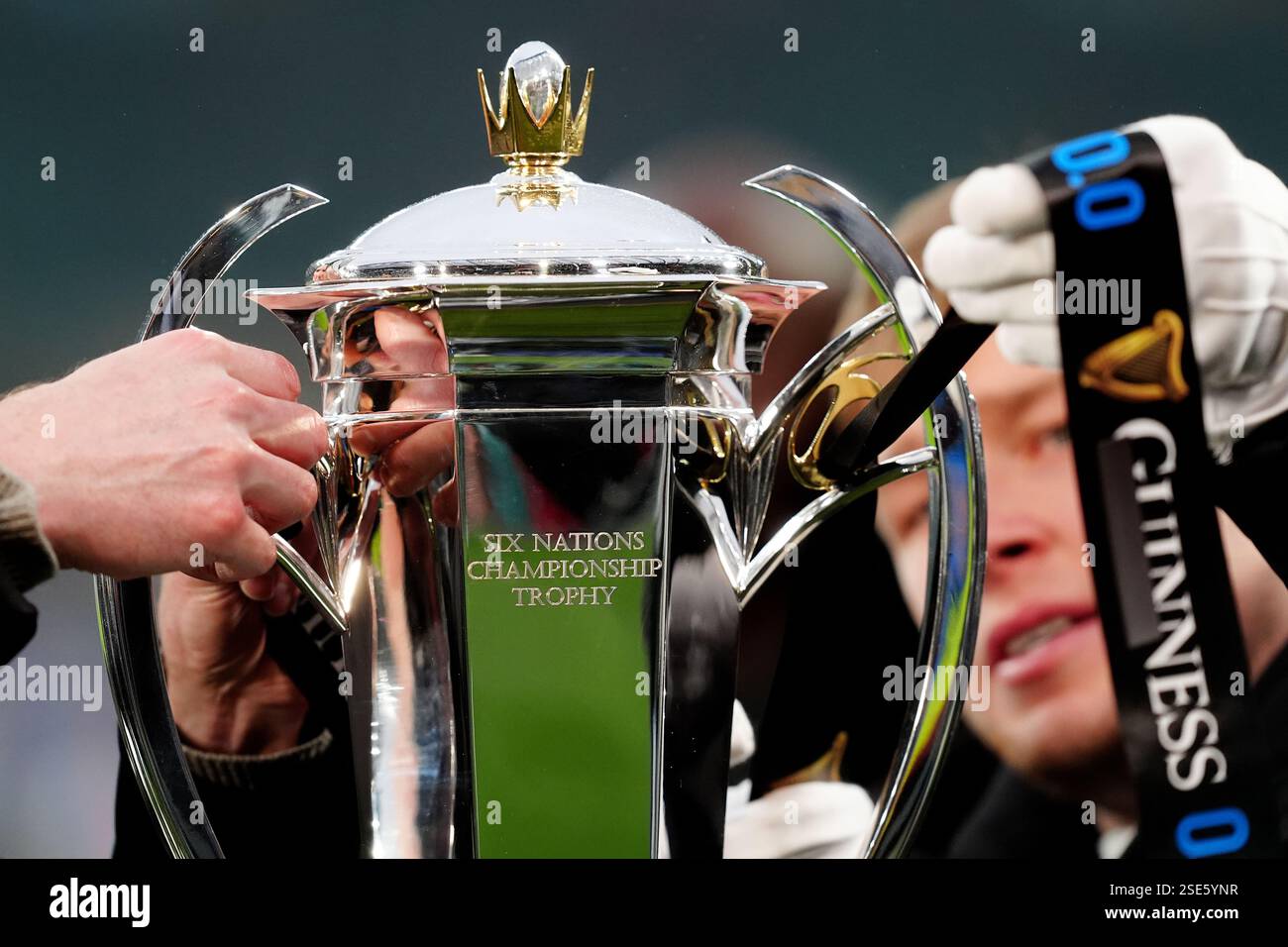 Ribbons are attached to the Six Nations Championship Trophy ahead of ...