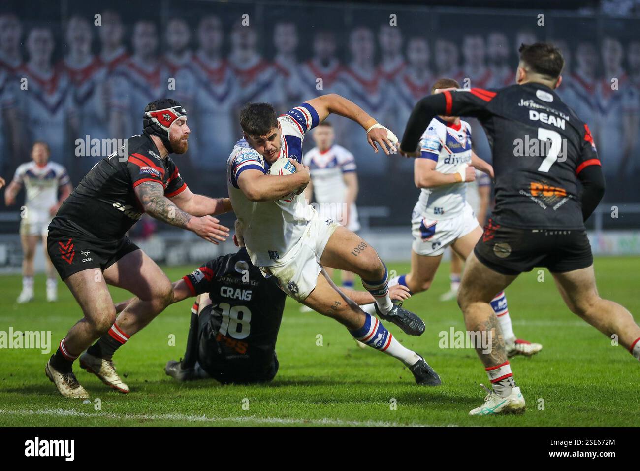 Goole, UK. 08th Feb, 2025. Try Wakefield Caleb Hamlin-Uele** during the ...