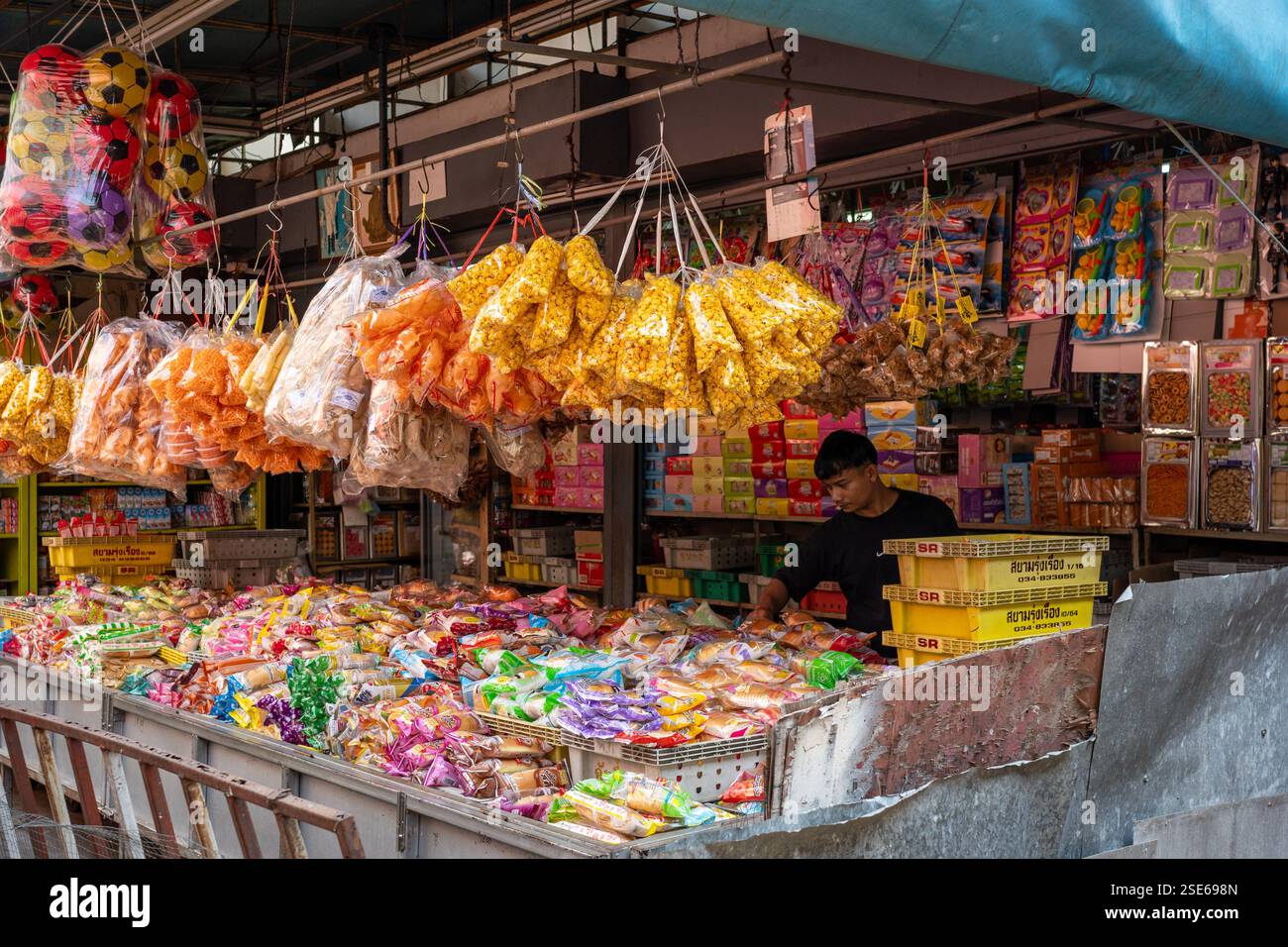 A view of an Asian colorful snacks shop selling various sweet and salty products, at Bangkapi ...