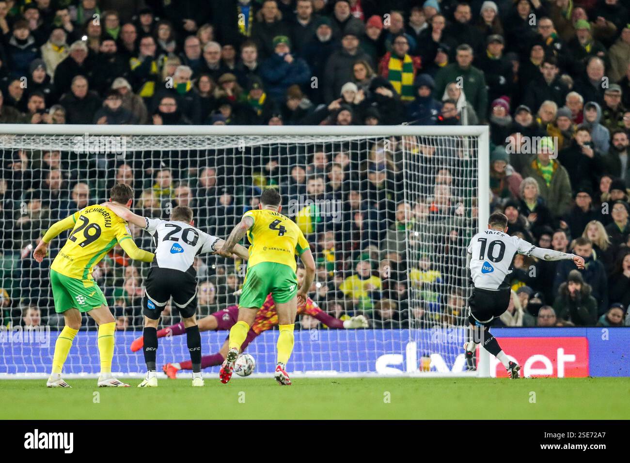 Norwich, UK. 08th Feb, 2025. Jerry Yates of Derby County scores a ...