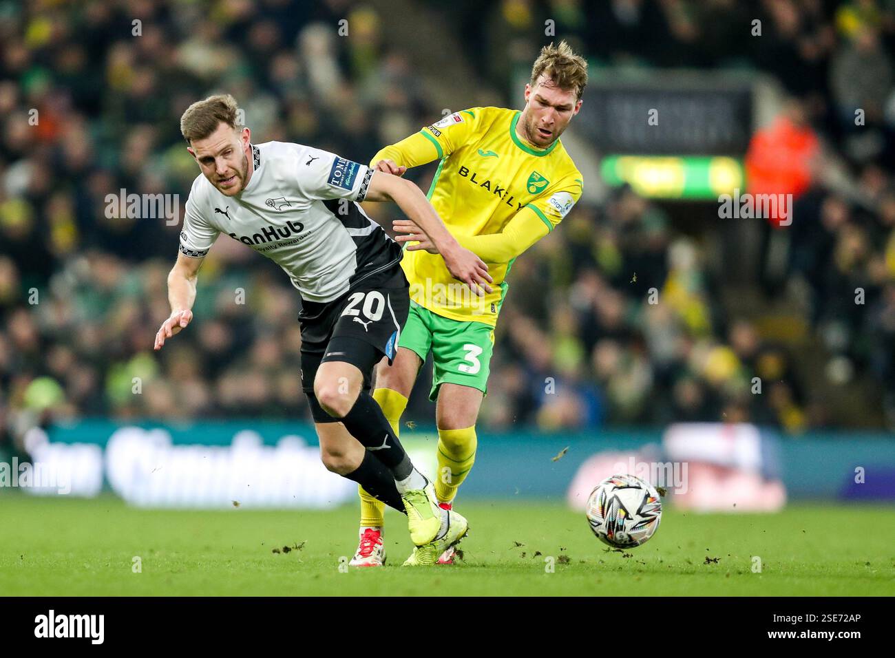Norwich, UK. 08th Feb, 2025. Callum Elder of Derby County battles for ...