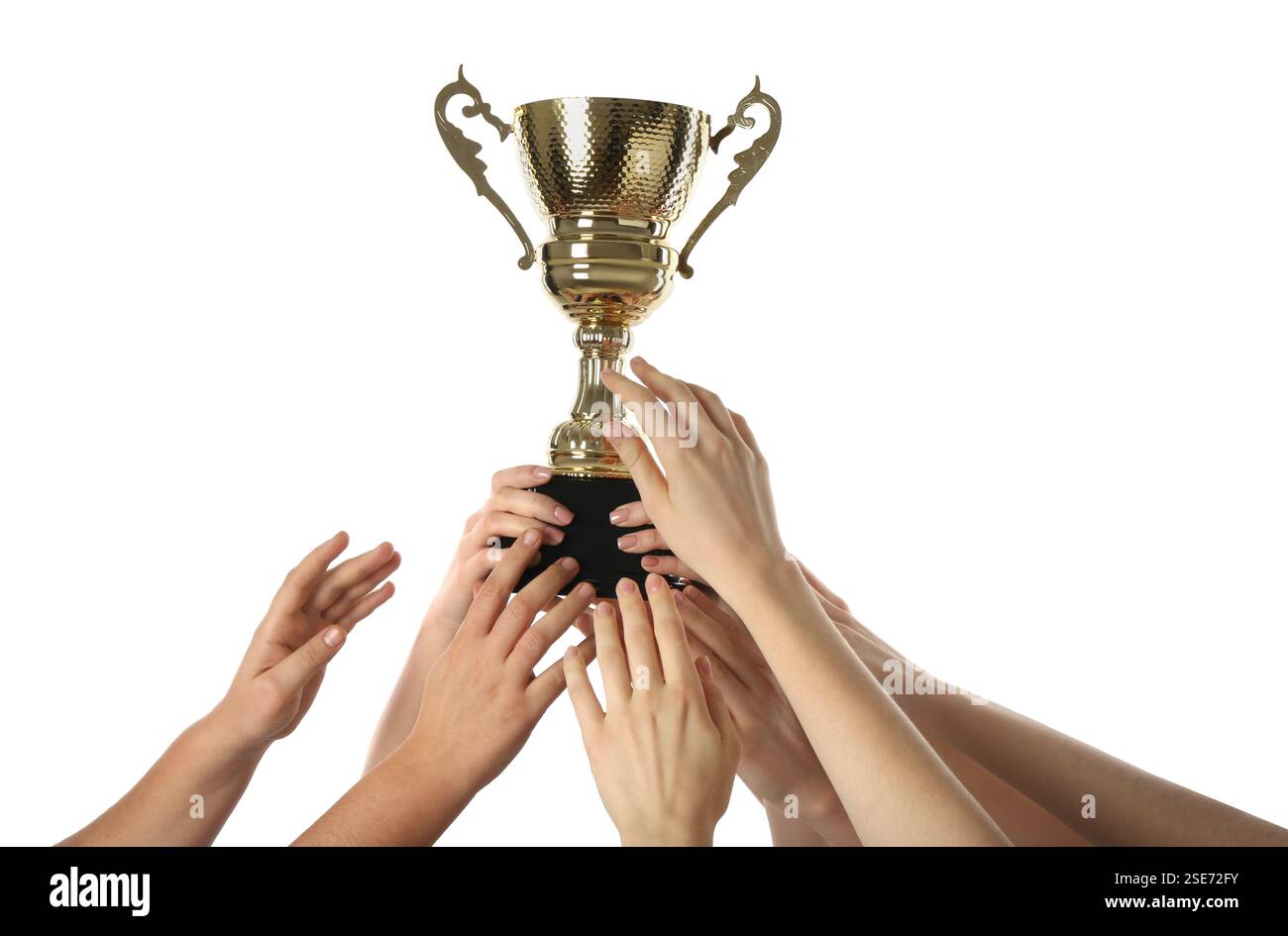 Group of people with golden trophy up on white background, closeup ...