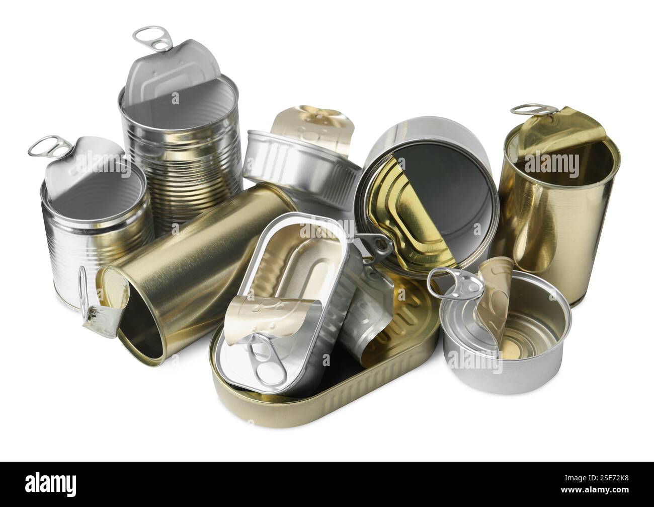 Many open tin cans isolated on white Stock Photo - Alamy