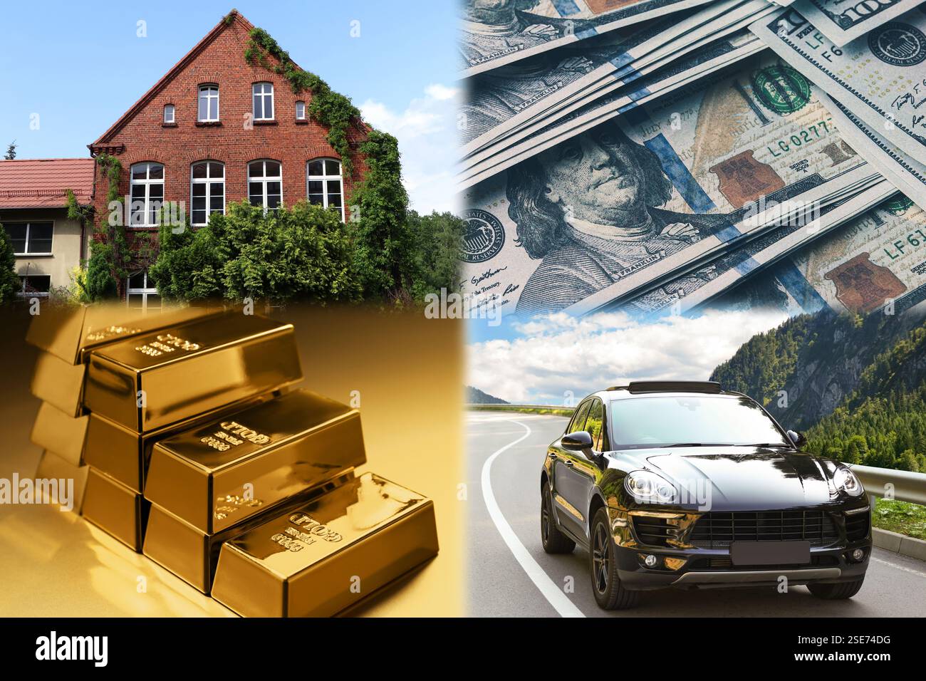 Wealth, luxury life concept. Collage with dollars, modern car, big ...