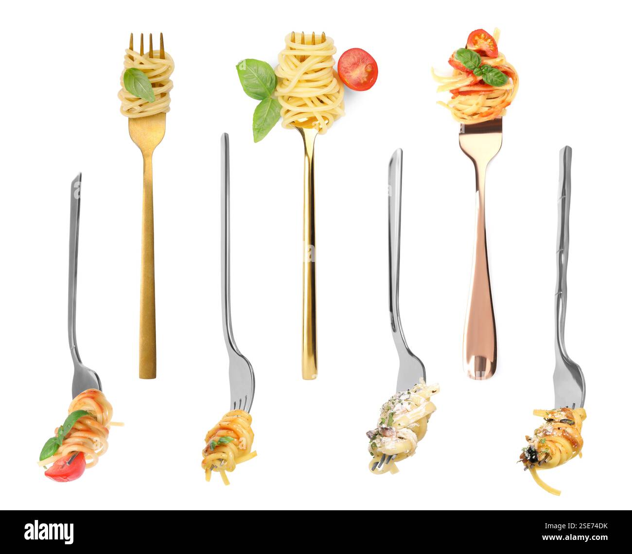 Forks with different types of tasty pasta isolated on white, set Stock ...