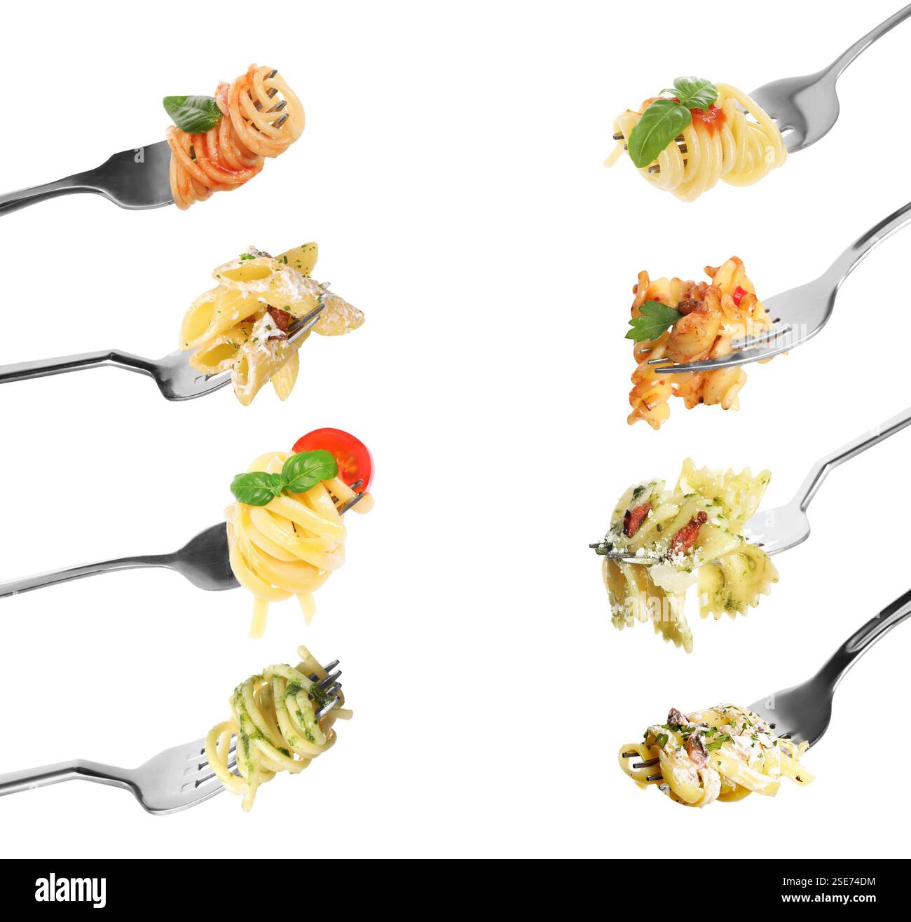 Forks with different types of tasty pasta isolated on white, set Stock ...