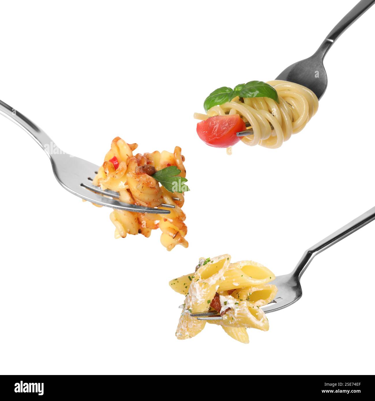 Forks with different types of tasty pasta isolated on white, set Stock ...