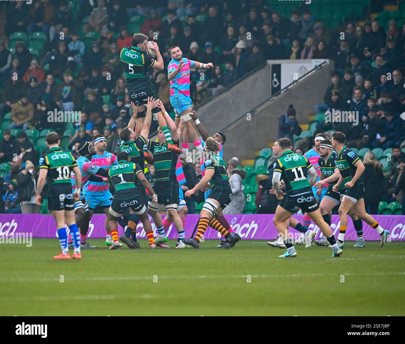 Northampton ENGLAND - :Tom Lockett wins the ball during the match ...
