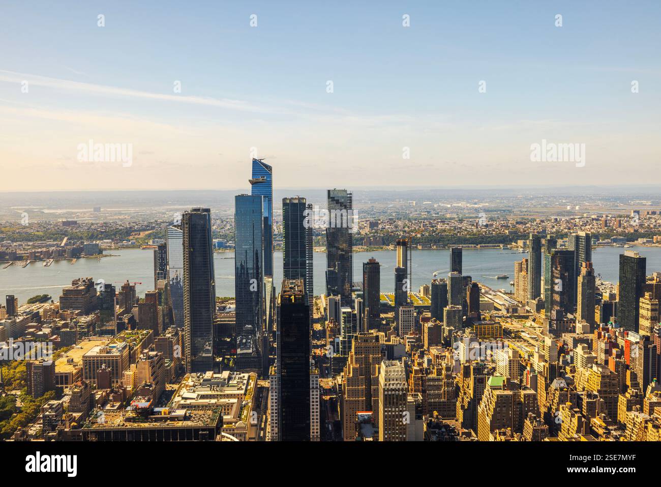 Aerial view of modern skyscrapers, Hudson River and urban landscape in ...