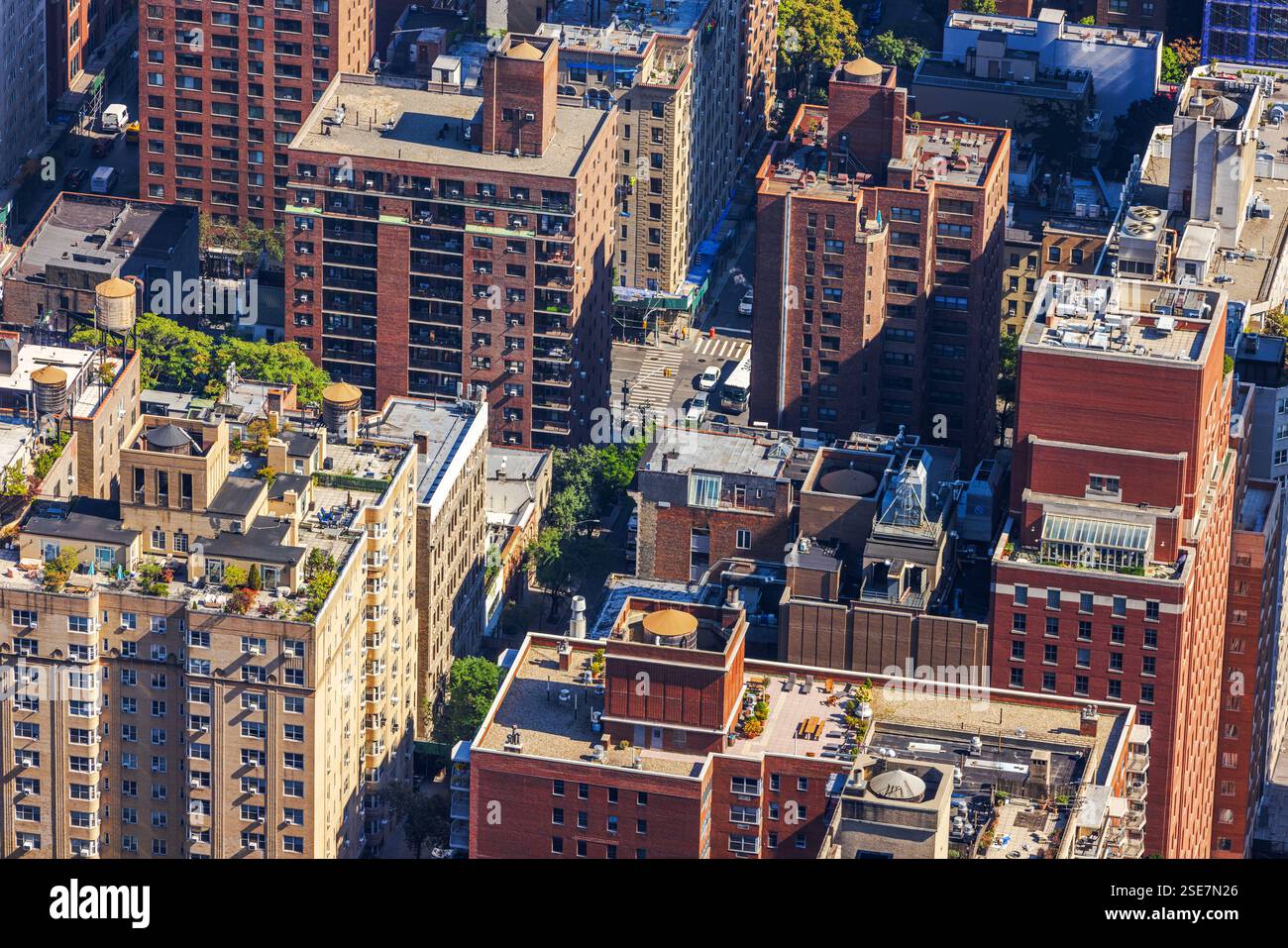 Aerial view of residential brick buildings, streets and rooftop ...