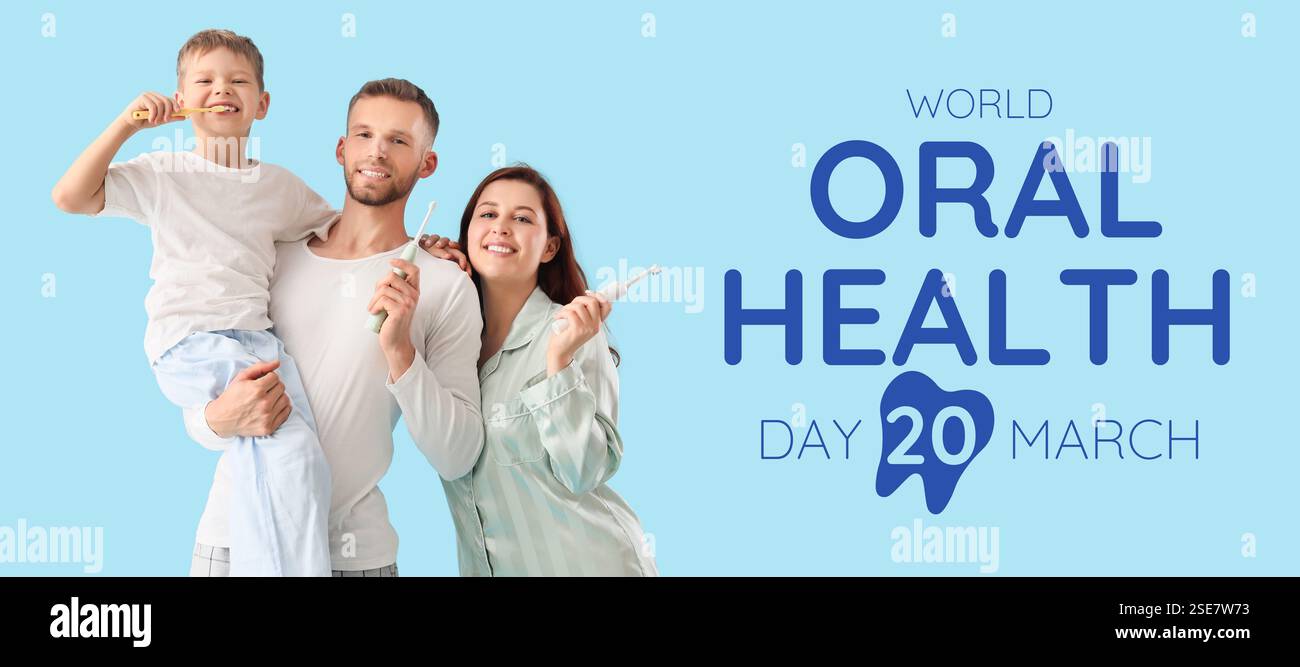 Happy family brushing teeth on light blue background. Banner for World ...