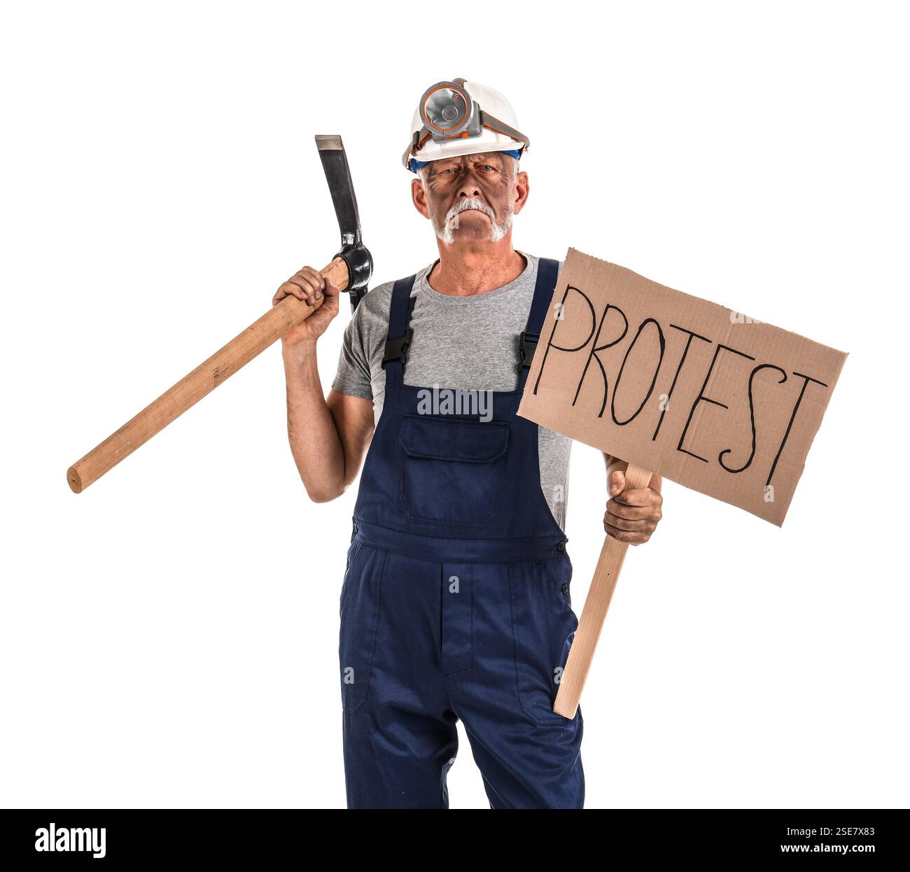 Protesting miner man with pick axe and placard on white background ...