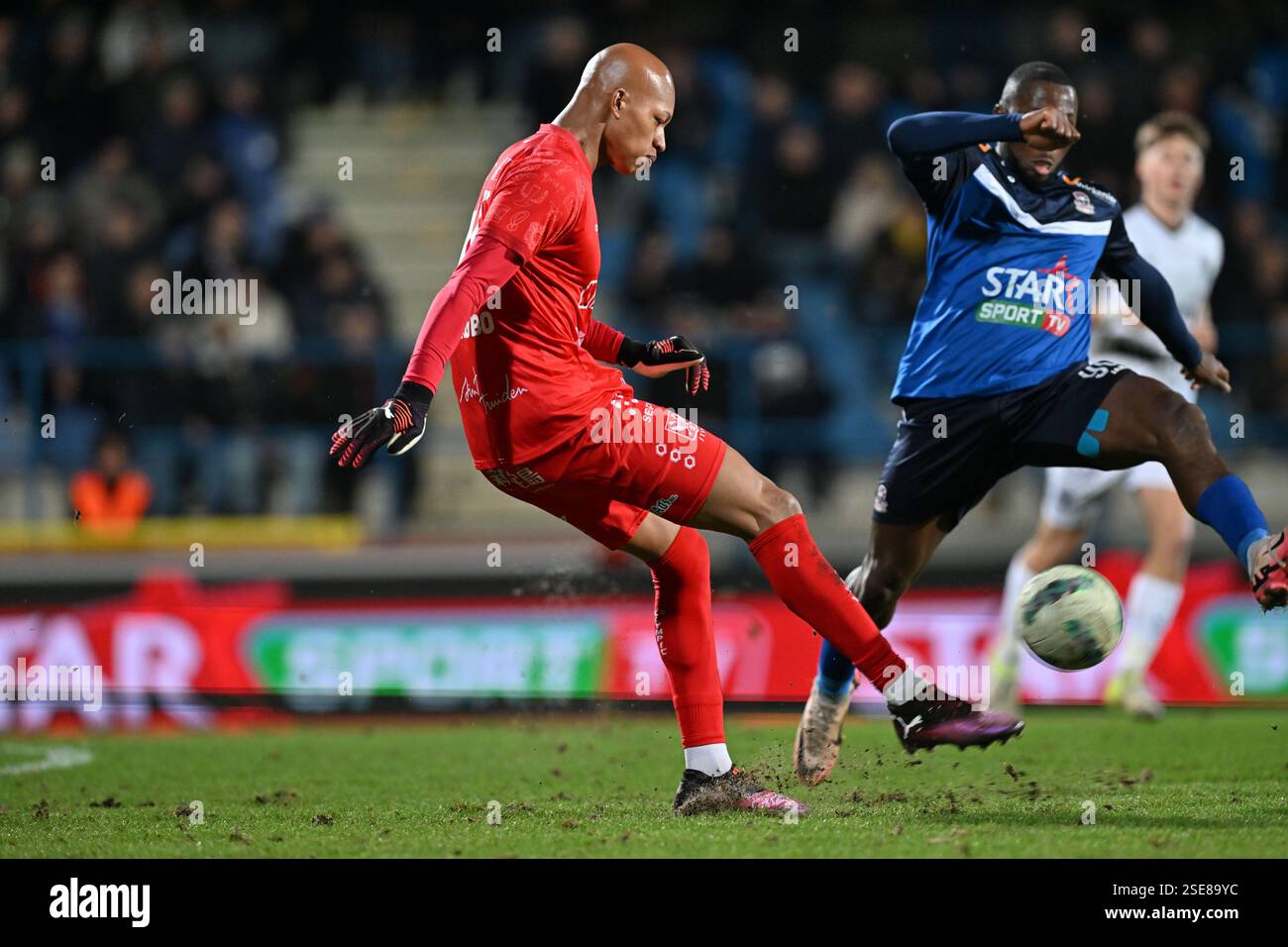 Denderleeuw, Belgium. 08th Feb, 2025. STVV's goalkeeper Leo Kokubo ...